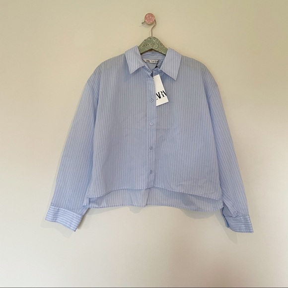 Zara | Tops | Nwt Zara Blue Cropped Oversized Buttonup Shirt | Poshmark